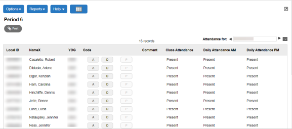 Enter student attendance from the class roster